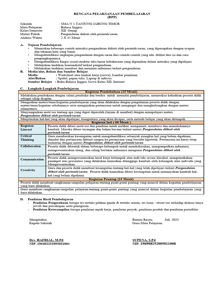 RPP 5 Bahasa Inggris Kelas 12 | PDF