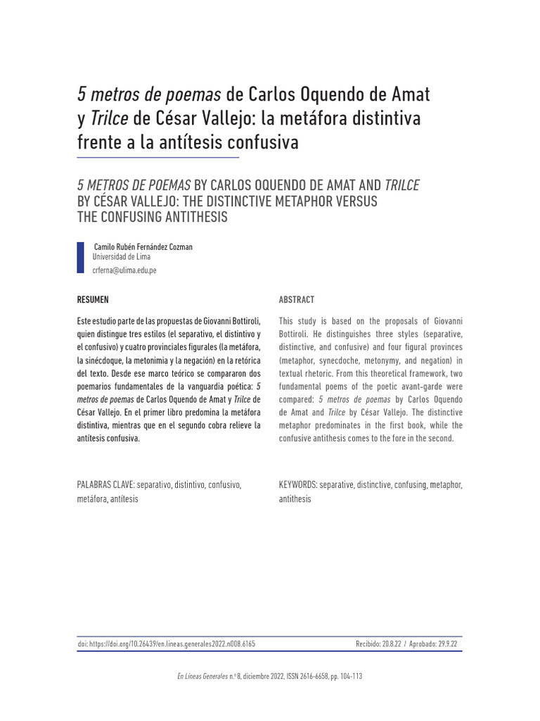 5 Metros de Poemas de Carlos Oquendo de Amat y Trilce de César Vallejo | PDF | Retórica | Vanguardia