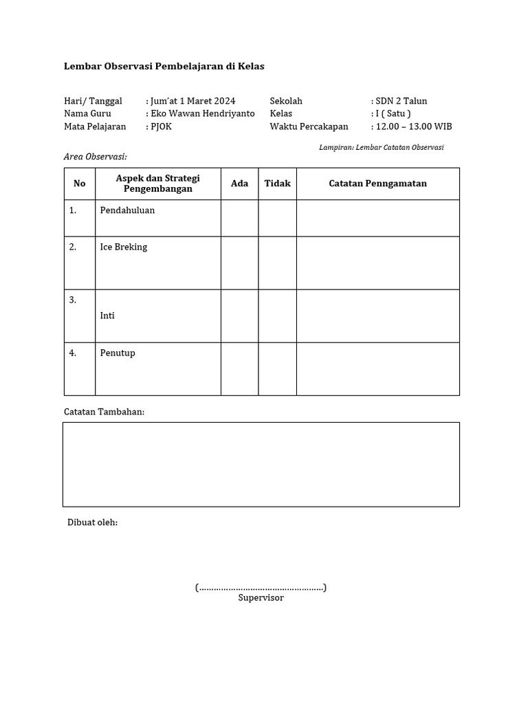 2 - Lembar Observasi Pembelajaran Di Kelas | PDF | Karier & Perkembangan
