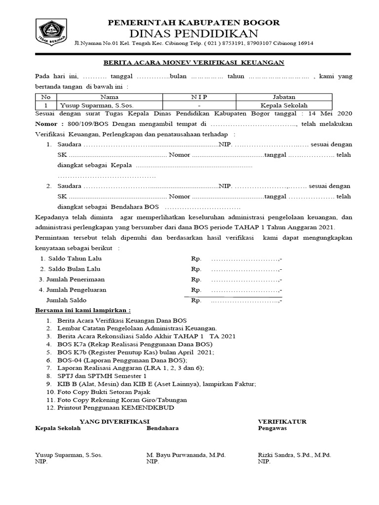 Laporan Verifikasi Dana BOS | PDF | Pengelolaan Keuangan & Uang