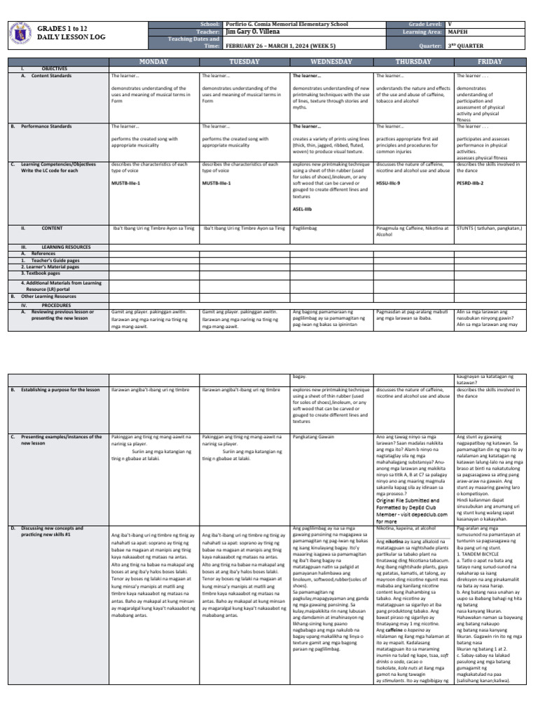 DLL - Mapeh 5 - Q3 - W5 | PDF | Learning | Behavior Modification