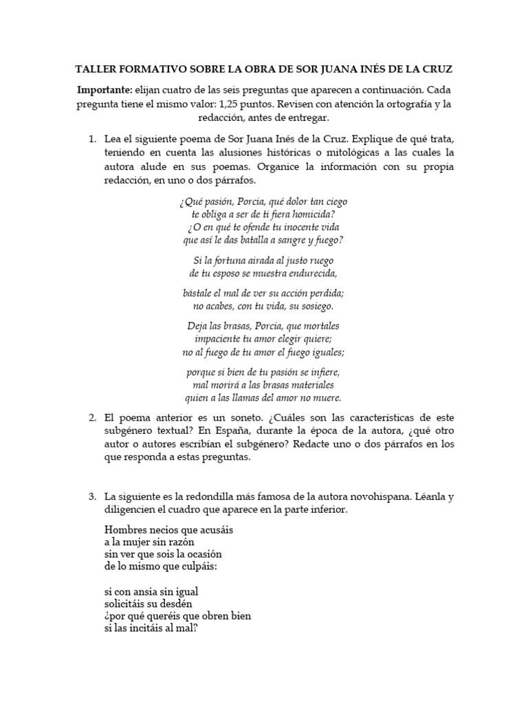 Taller Formativo Sobre La Obra de Sor Juana Inés de La Cruz | PDF | Poesía