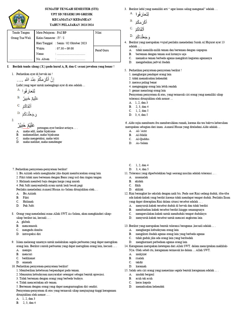 Soal Pts Sts Pai Kelas 4 2023 | PDF