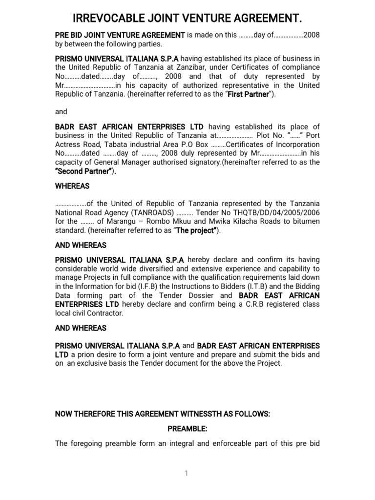 Joint Venture Agreement Sample | PDF | Joint Venture | Common Law