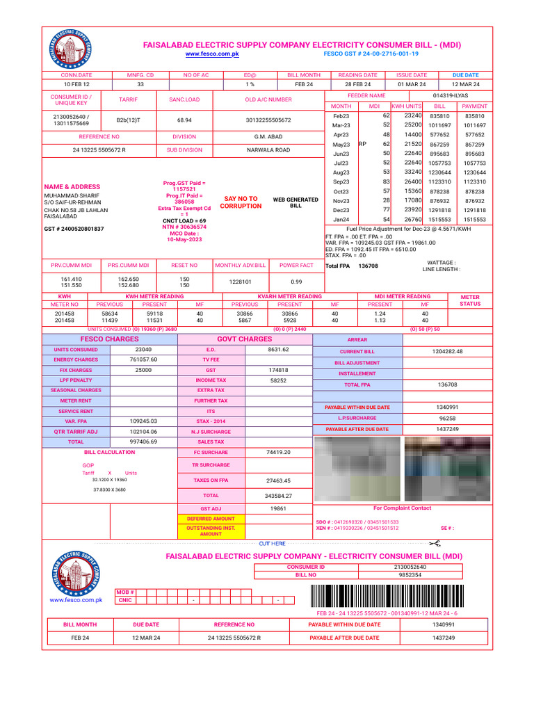 FESCO Mar24 ONLINE BILL | PDF | Economies | Taxation