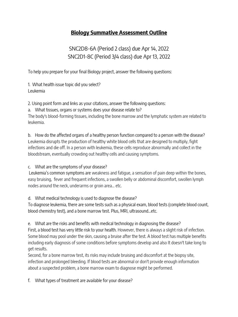 Biology Summative Assessment Outline | PDF | Leukemia | Cancer