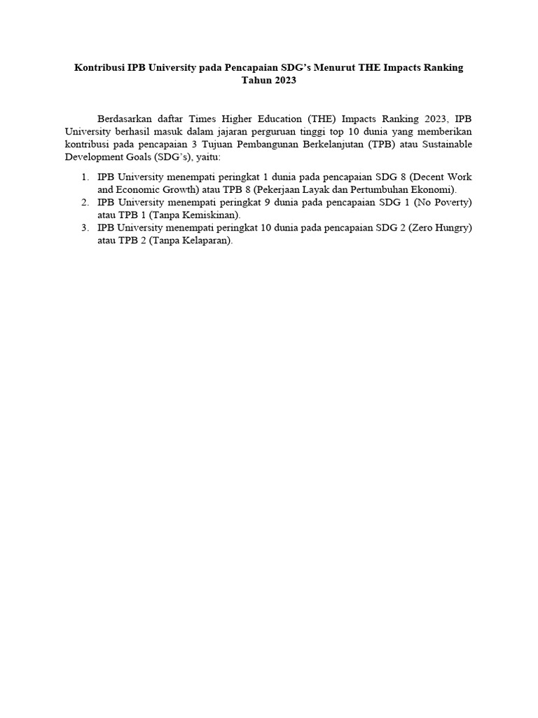 IPB University Raih Peringkat SDG 2023 | PDF