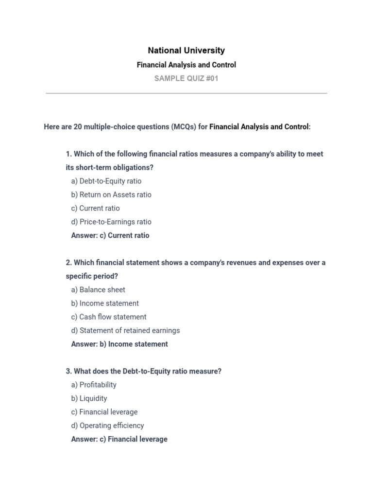 Financial Analysis Quiz: Key Ratios | PDF | Return On Equity | Revenue