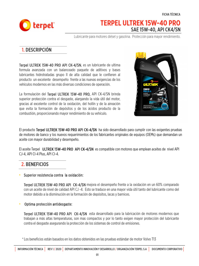 Terpel Ultrek 15W40 Pro CK4 2020 | PDF | Lubricante | Sustancias químicas
