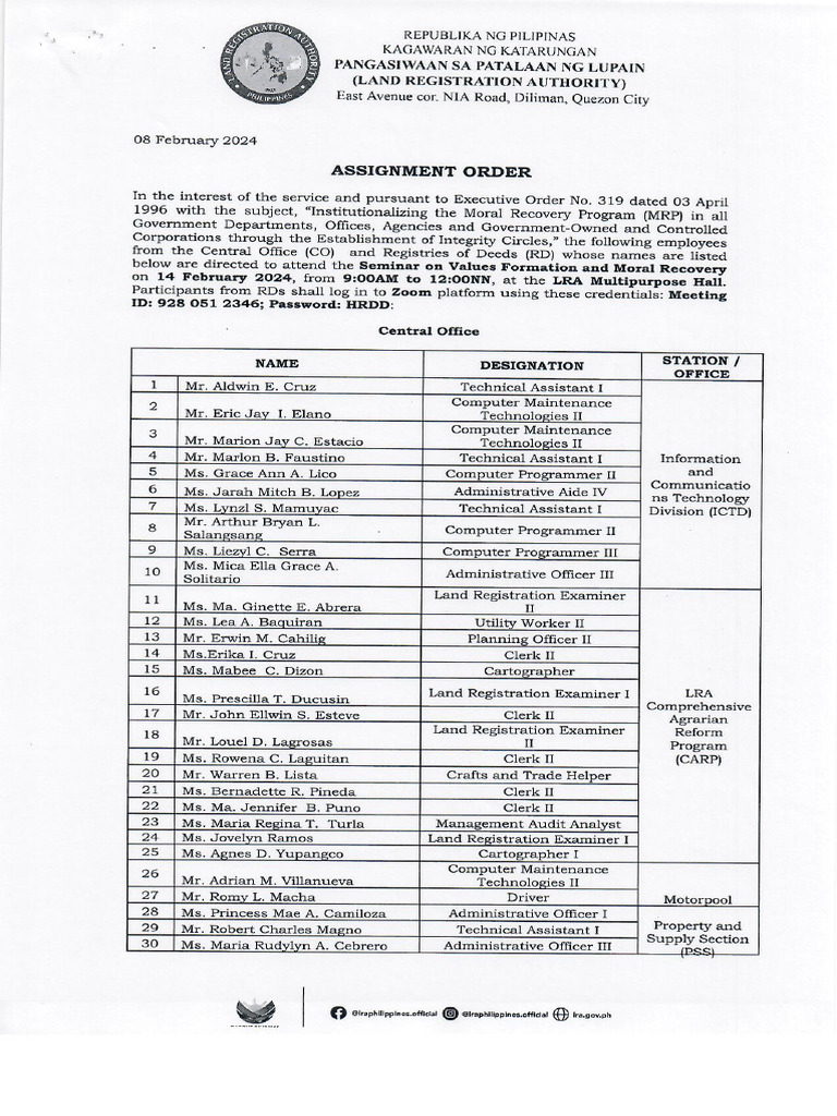 Assignment Order Seminar On Values Formation And Moral Recovery PDF