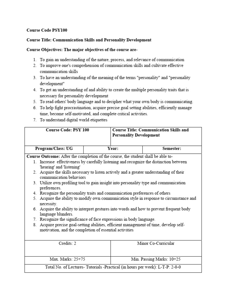 PSY 100 - Communication Skills and Personality Development | PDF