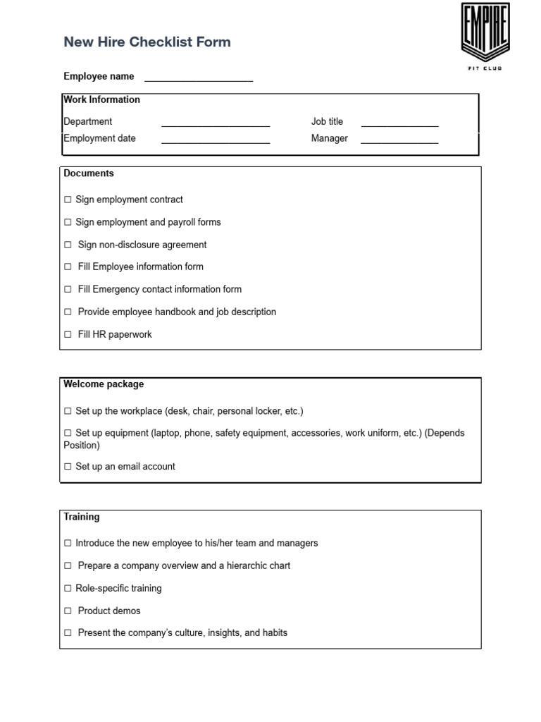 New Hire Checklist Form - Empire (1) | PDF