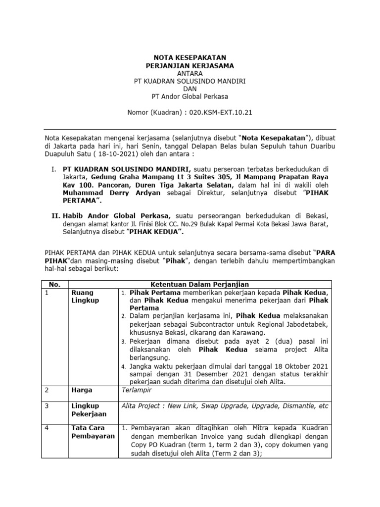 Perjanjian Kerja Sama - 2021 - PT Kuadran - PT AGP | PDF