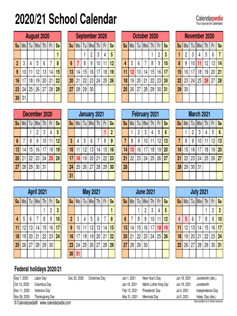 School Calendar 2020 2021 Landscape Year at A Glance | PDF ...