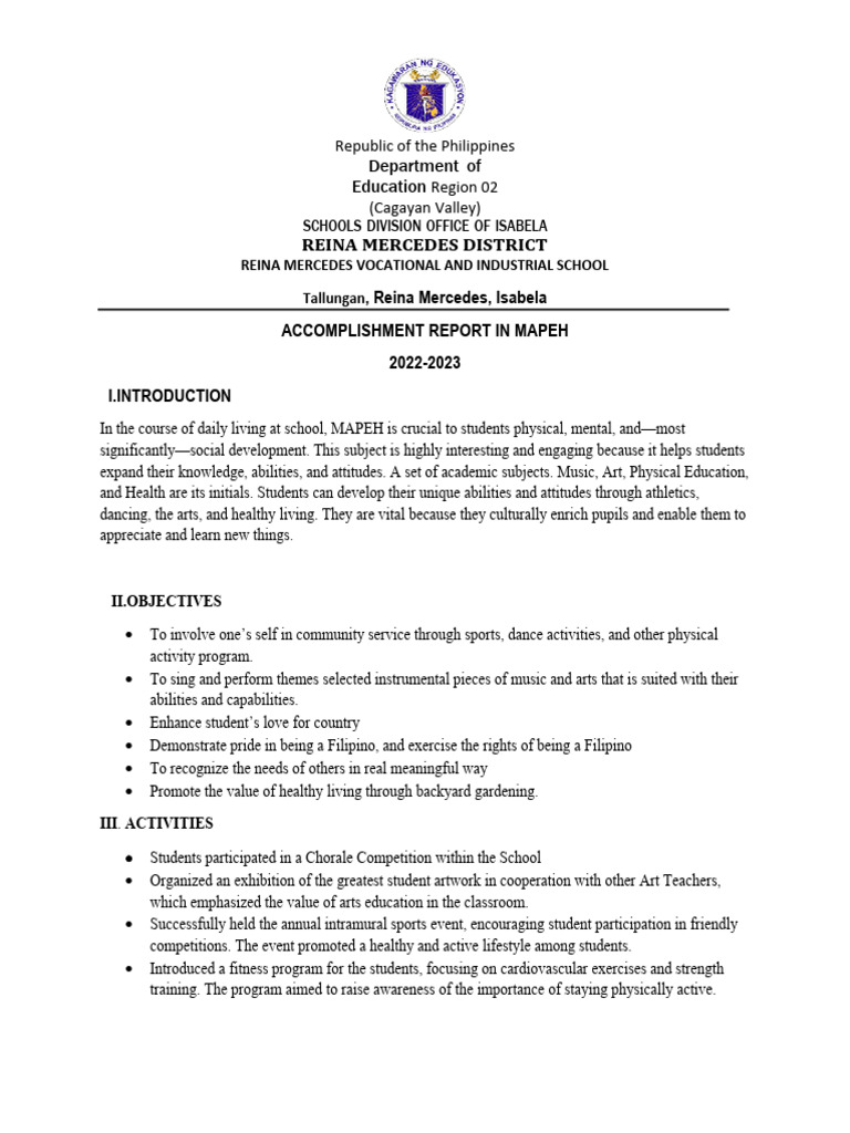 Annual Accomplishment Report in Mapeh | PDF | Physical Education | Teachers