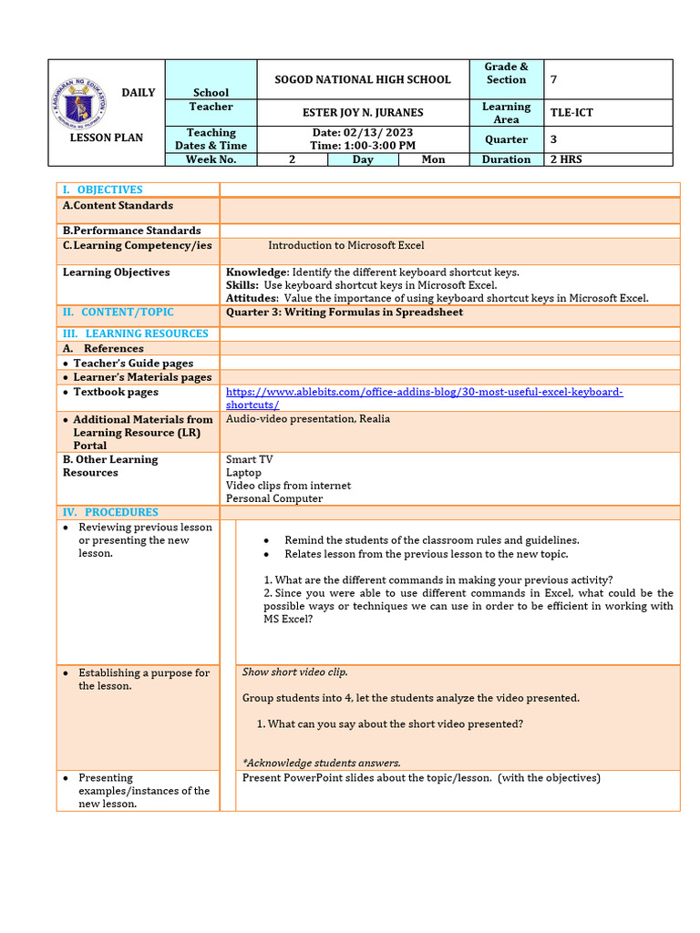 Daily Lesson Plan 1 10 Juranes | PDF | Microsoft Excel | Spreadsheet