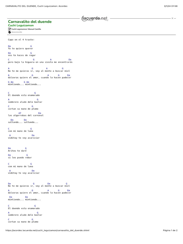 Acordes y letra de Carnavalito del Duende | PDF