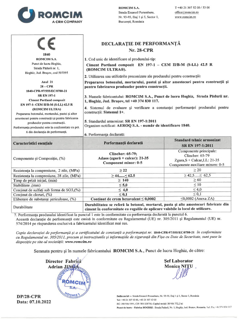 H Declaratie de Performanta ROMCIM ULTRA 3 | PDF