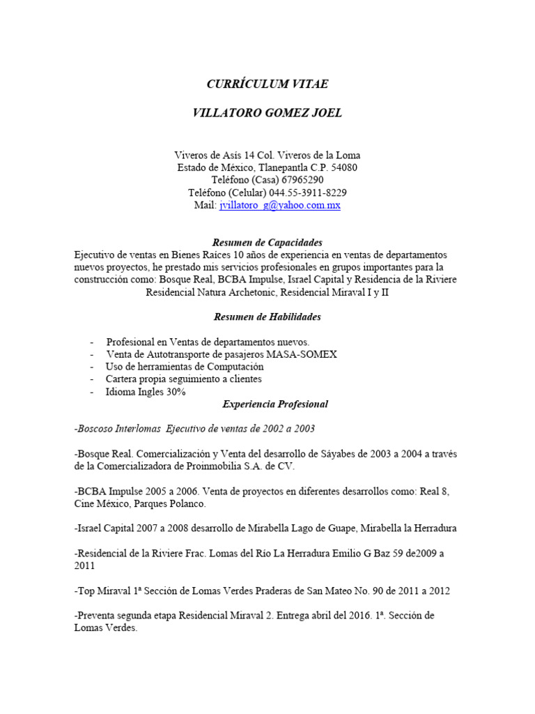 Curriculum Vitae Joel Villatoro | PDF | Marketing | Economias