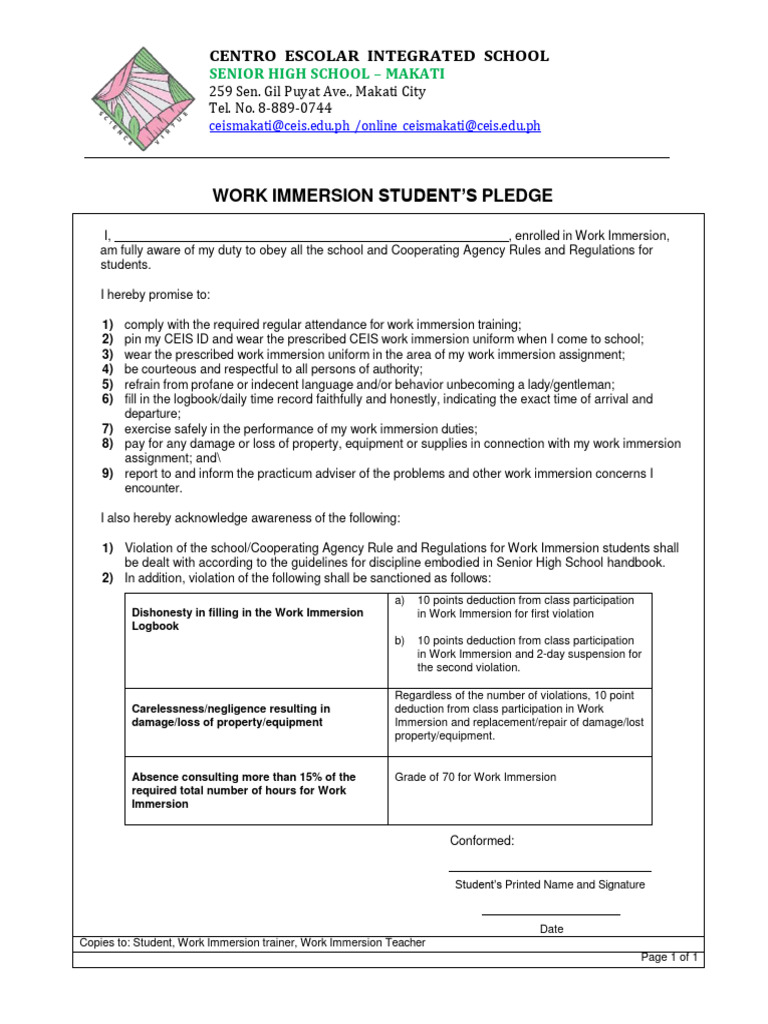 Work Immersion Student Pledge Template | PDF