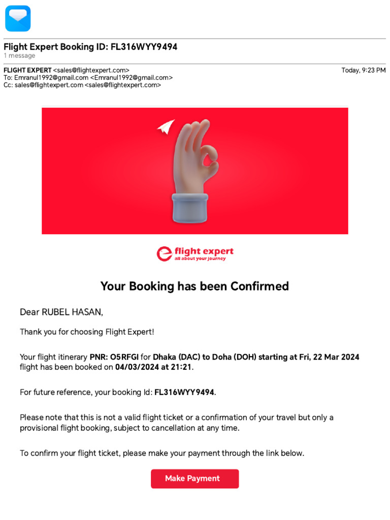 Unified Email - Flight Expert Booking ID_ FL316WYY9494 | PDF