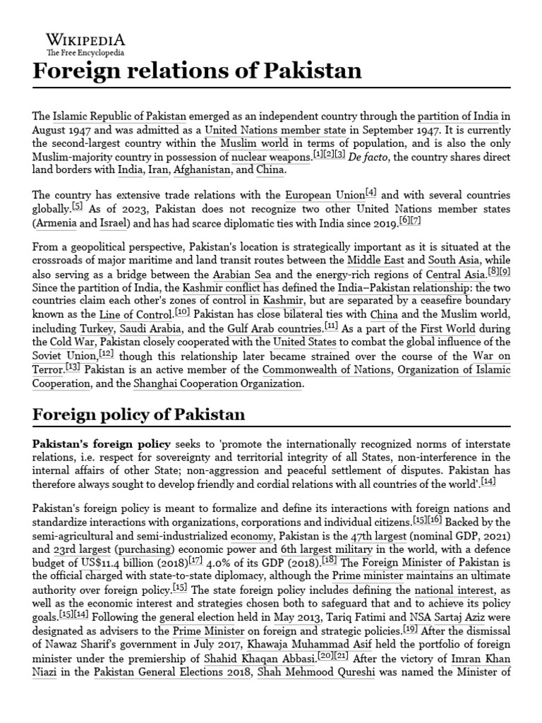 Pakistan's Foreign Relations Overview | PDF | Politics