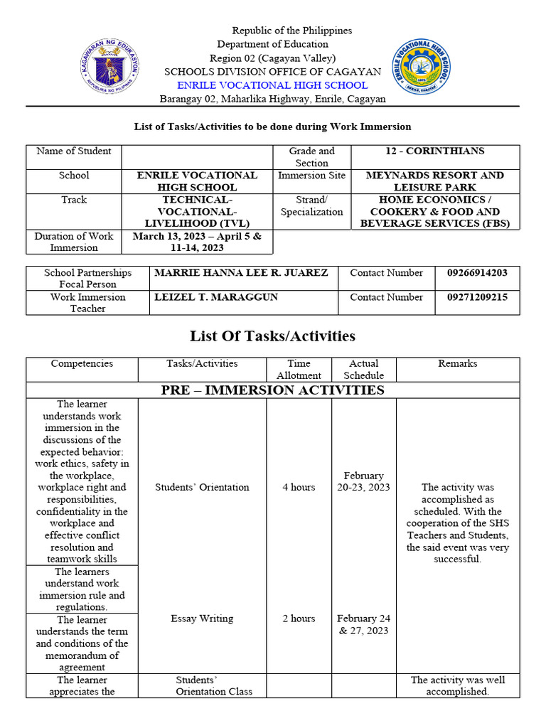 List of Task and Activities | PDF | Food And Drink