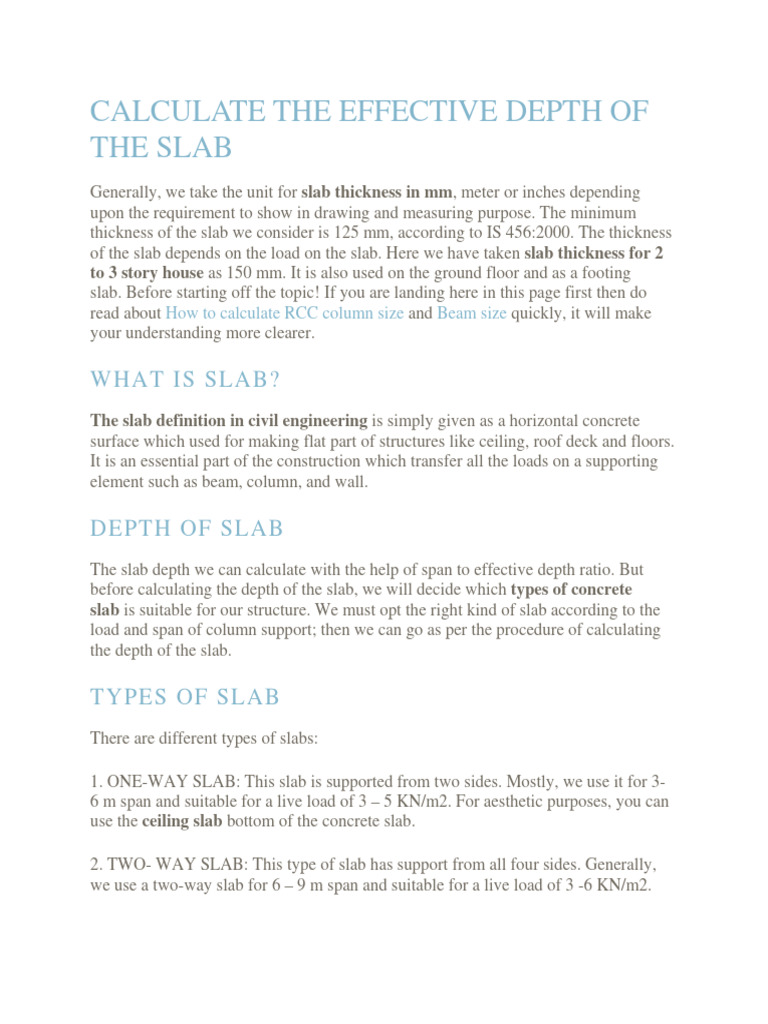 Effective Depth Calculation for Slabs | PDF | Concrete | Column