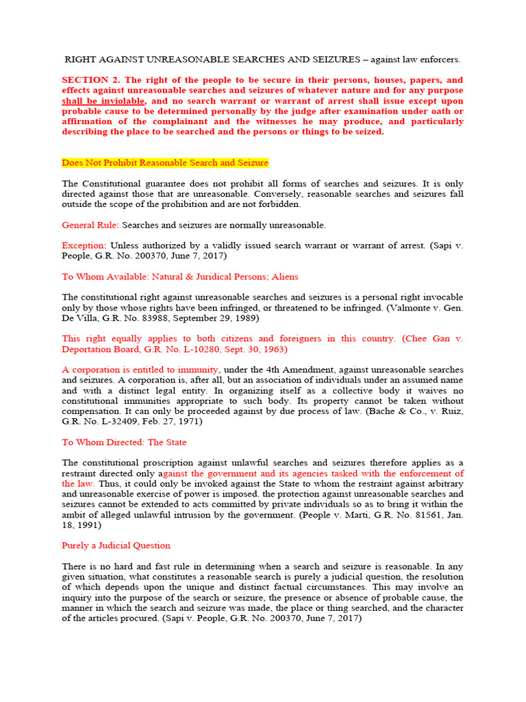 Section 2. Right Against Unreasonable Seraches & Seizures (2023) | Download Free PDF | Search ...