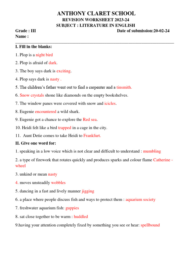 GR 3 Eng Lit Revision Worksheet 1708088931 | PDF