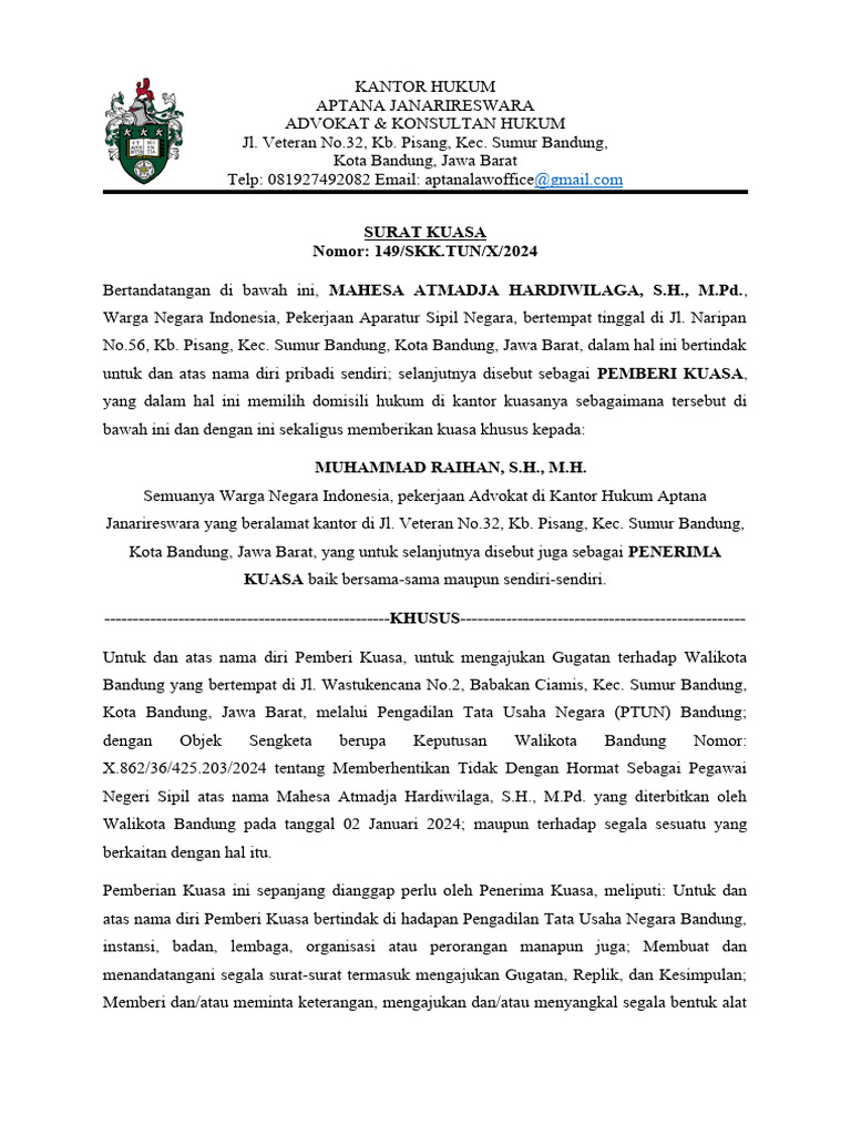 Surat Kuasa Penggugat Raihan | PDF