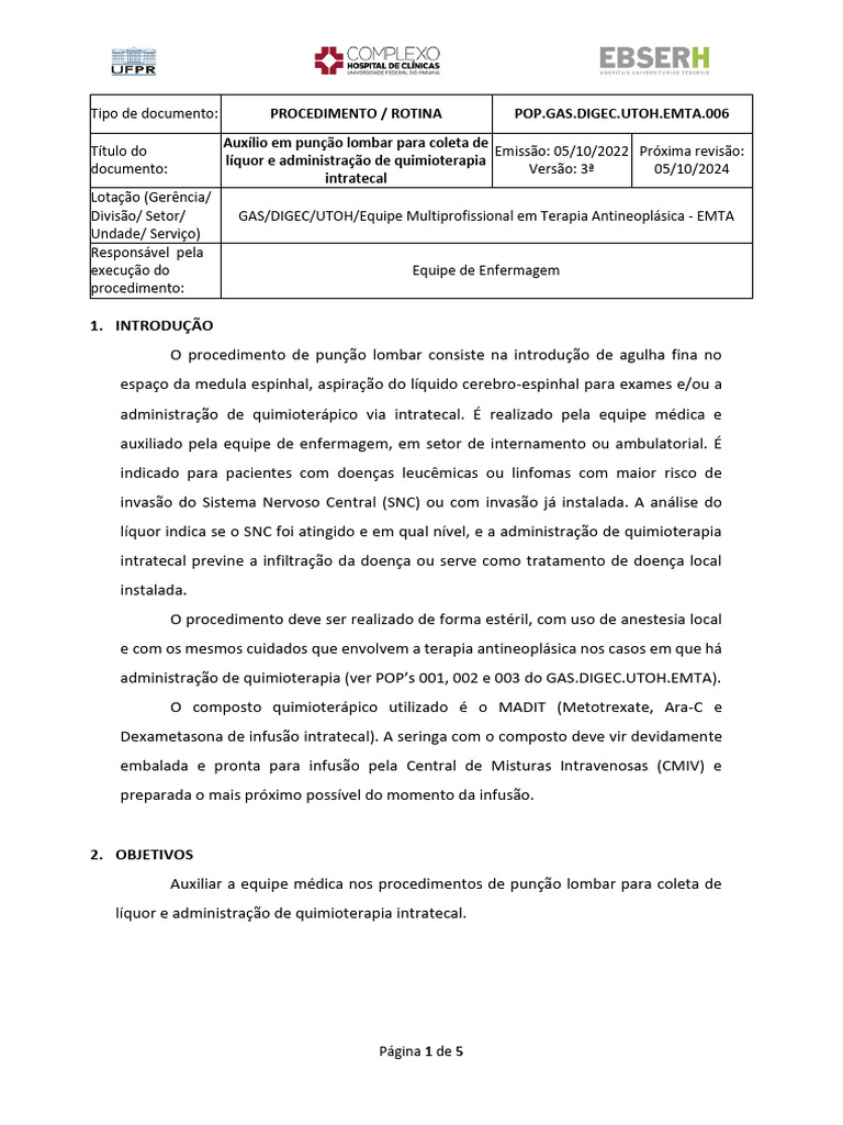 Punção Lombar e Quimioterapia Intratecal | PDF | Líquido ...