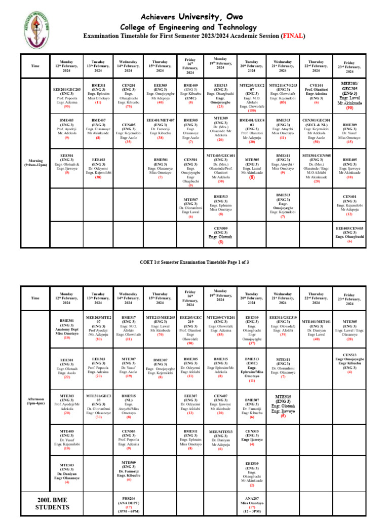 COET 1st Semester 2023-2024 Examination Timetable (FINAL) V2-5 | PDF | Academic Term | Schools