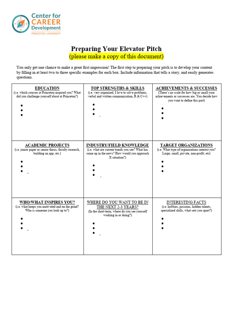 Elevator Pitch Worksheet PrincetonU | PDF | Human Communication ...