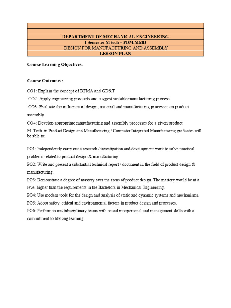 DFMA Lesson Plan M Tech | PDF