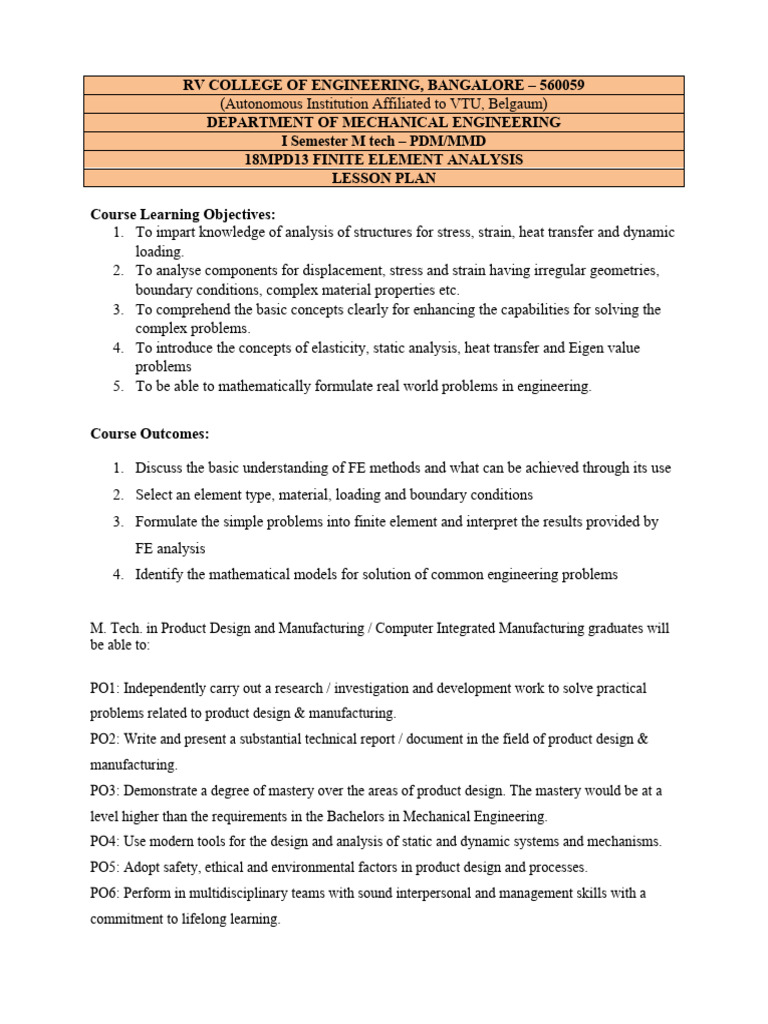 FEM Lesson Plan M Tech | PDF