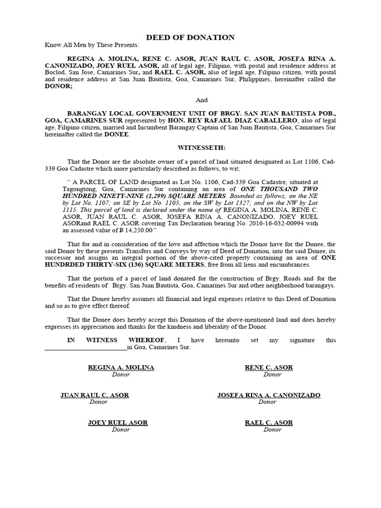 DEED OF DONATION Brgy. San Juan Bautista | PDF | Legal Documents | Real Property Law