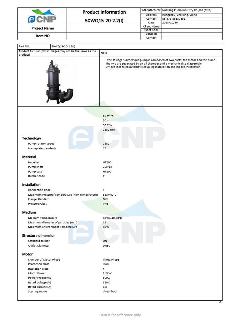 50WQ15-20-2.2 (I) - Head 20 M, Flow 50 Gpm. | PDF