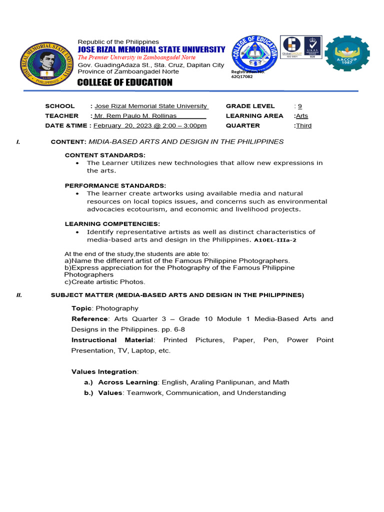 Grade 9 Arts Lesson Plan: Photography | PDF | Career & Growth