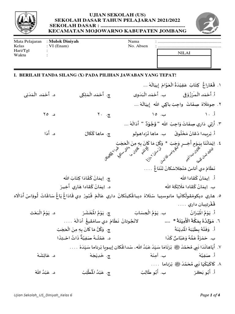 Soal Us Diniyah Kelas 6 2022 | PDF