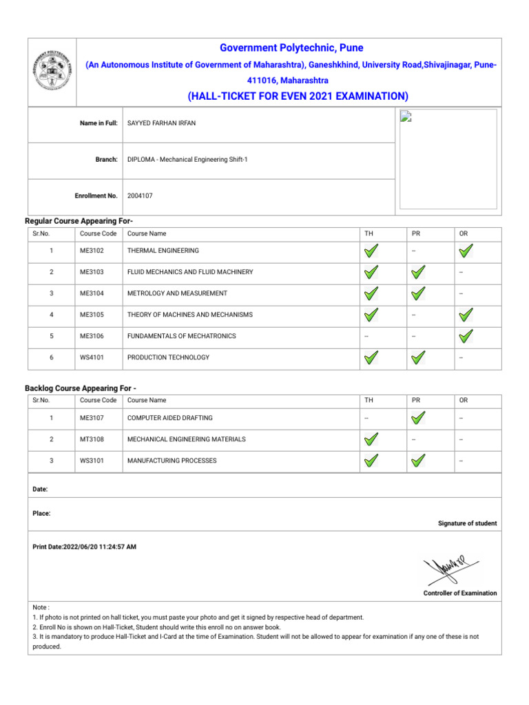 Farhan Sayyad Hall Ticket | PDF | Mechanical Engineering | Engineering