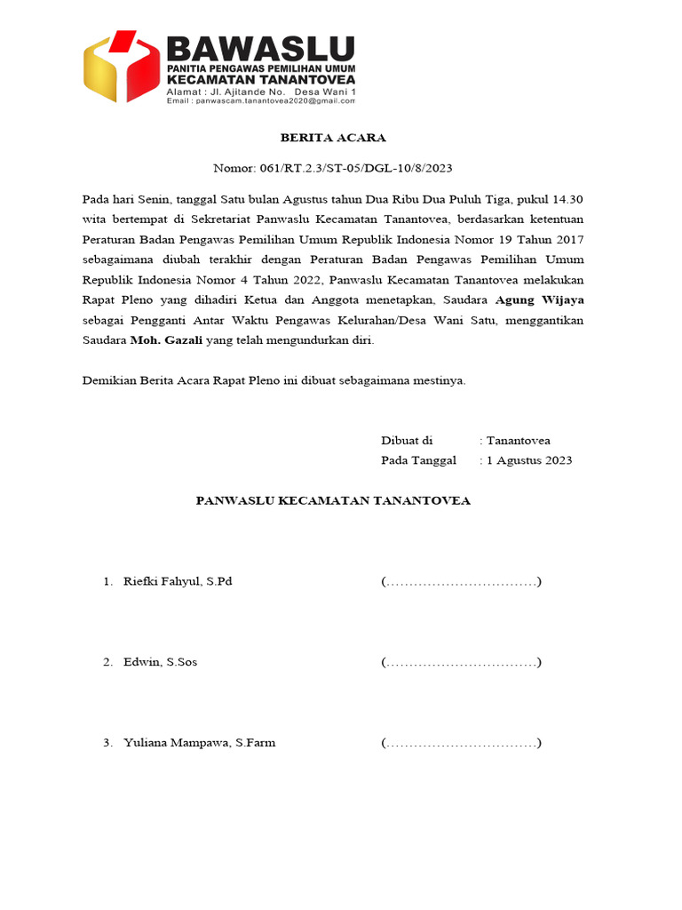 Berita Acara Panwaslu Kecamatan | PDF | Sains & Matematika Berita Acara Panwaslu Kecamatan | PDF | Sains & Matematika