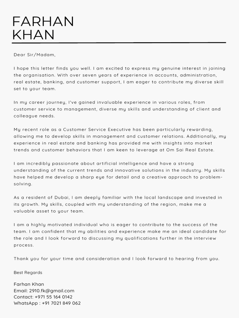 Cover Letter Farhan Khan | PDF