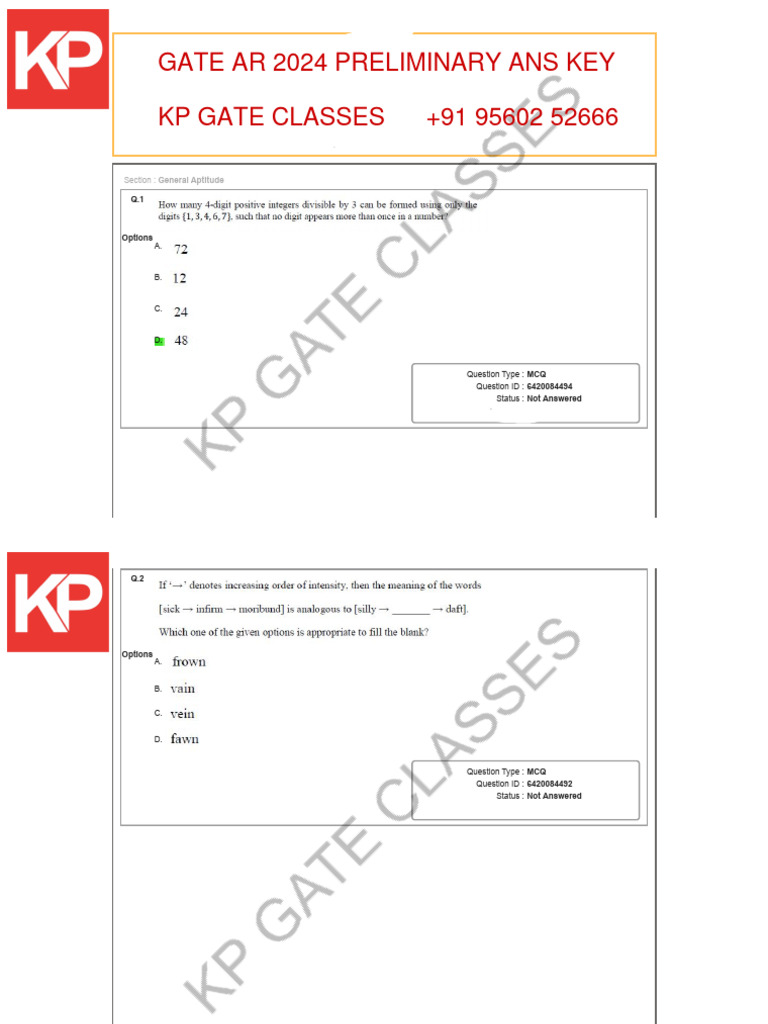 Gate Ar Answer 2024 | PDF | Multiple Choice | Vocational Education