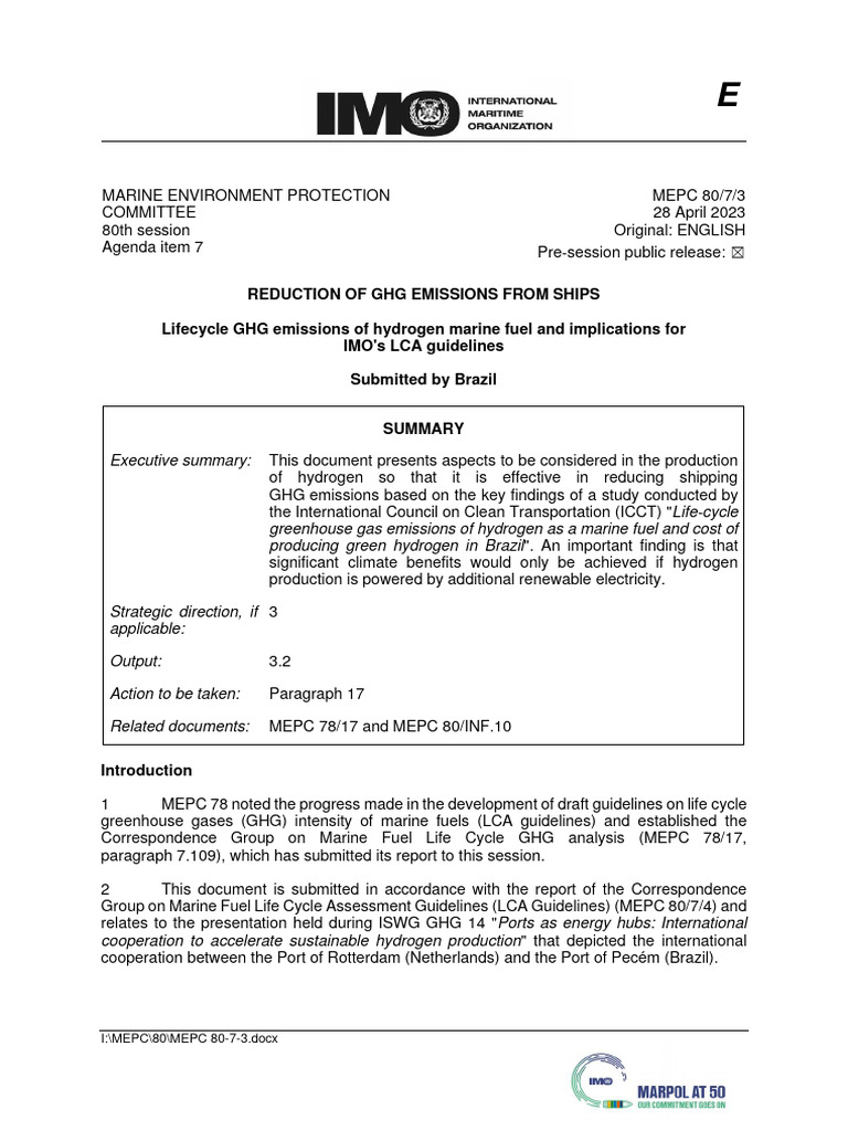 IMO Lifecycle GHG Emissions of Hydrogen Marine Fuel and Implications For IMO's LCA Guidelines ...