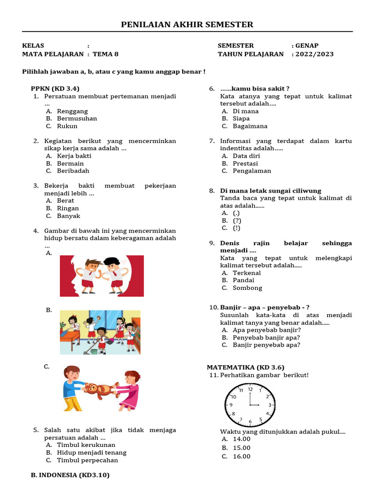Soal Pas Ganjil 2022-2023 - Kelas 2 - Tema 8 | PDF