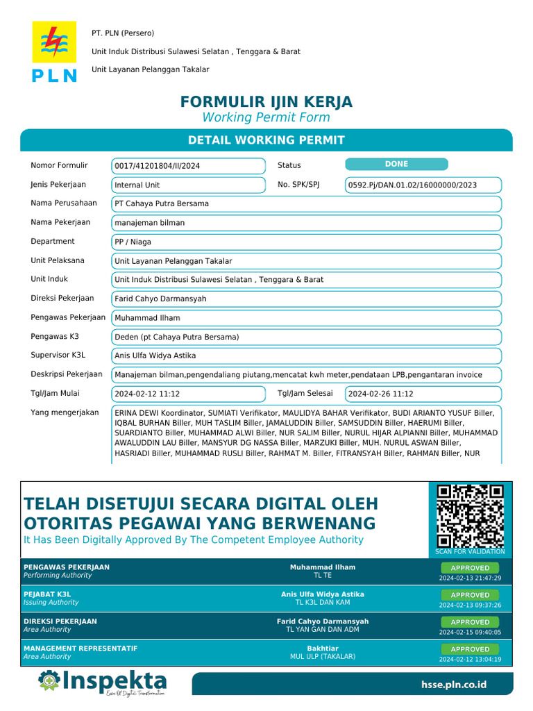 Formulir Ijin Kerja PT PLN Takalar | PDF