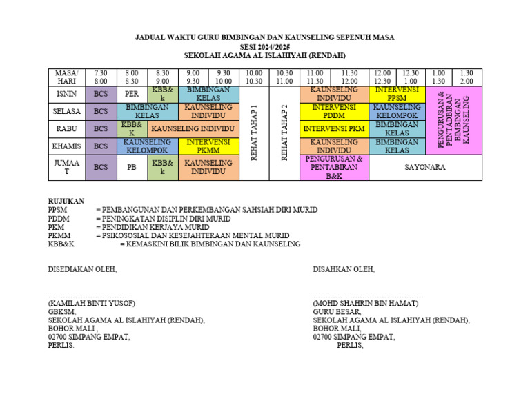 Jadual Waktu Guru Bimbingan Dan Kaunseling Sepenuh Masa SESI 2024/ 2025 Sekolah Agama Al ...