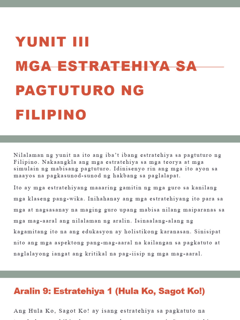 Yunit Iii Mga Estratehiya Sa Pagtuturo NG Filipino | PDF