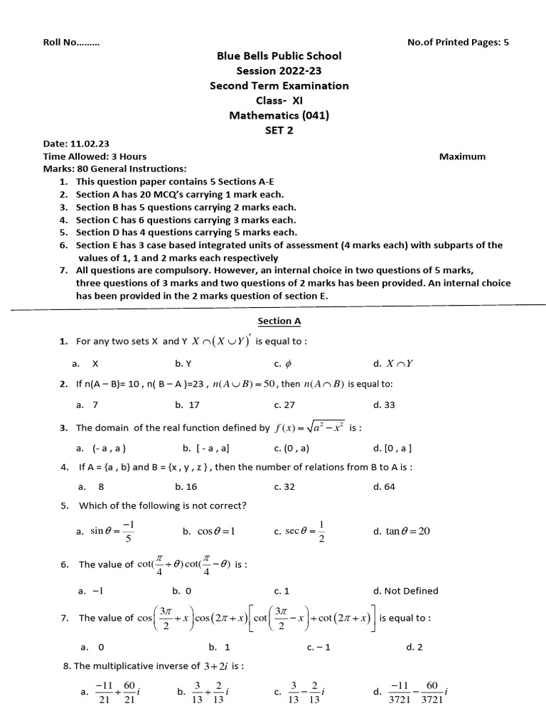Class XI BBPS - Annual Maths Set 2 | PDF | Standard Deviation | Function (Mathematics)